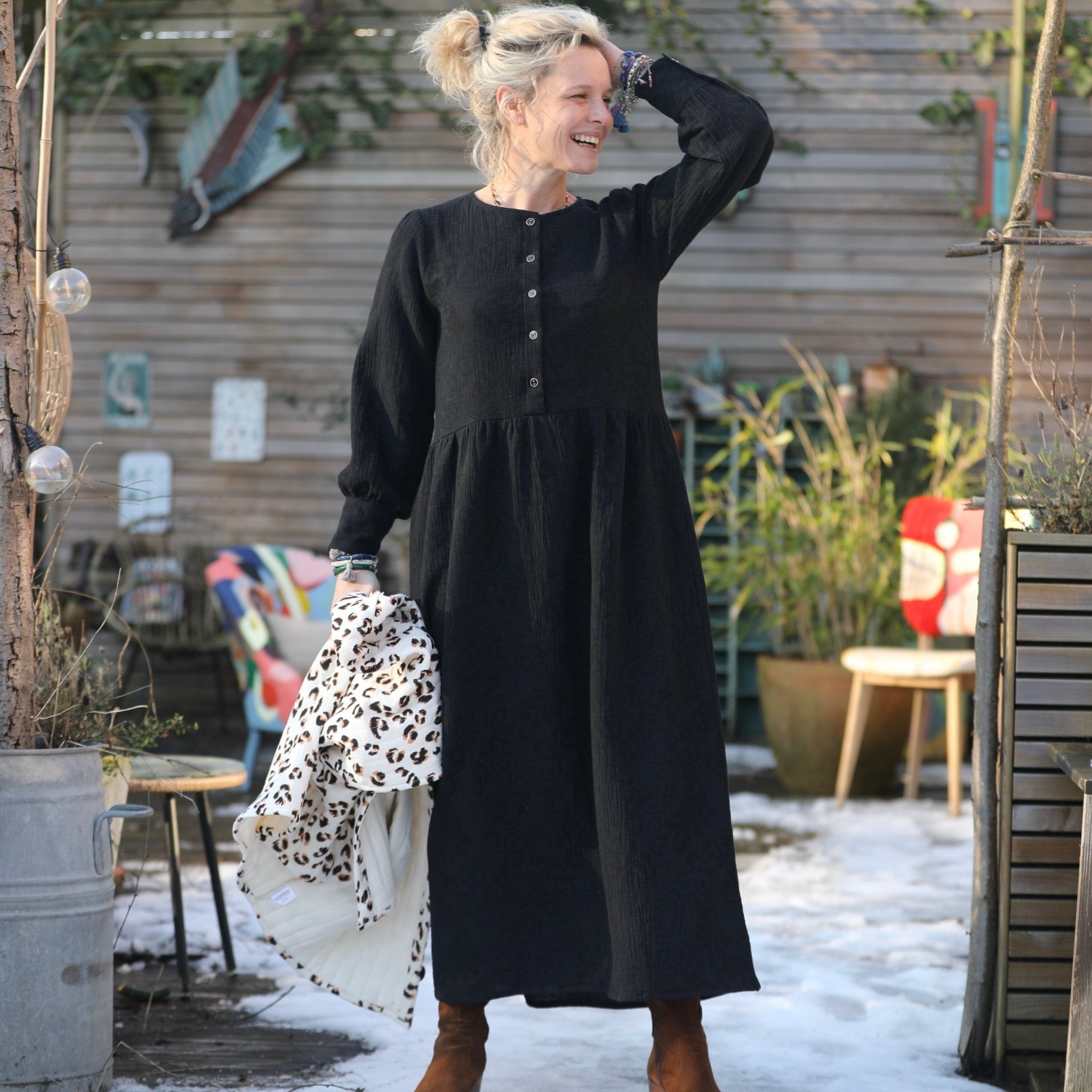 Robe Isis jacquard coton/lin noir | Made in France | Quintessence