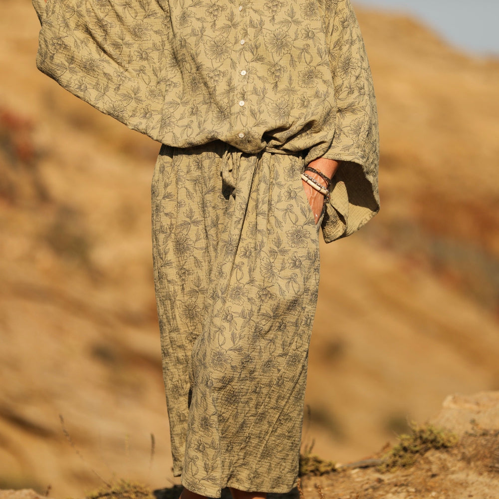 Robe Xiou double gaze de coton kaki clair feuri – Quintessence