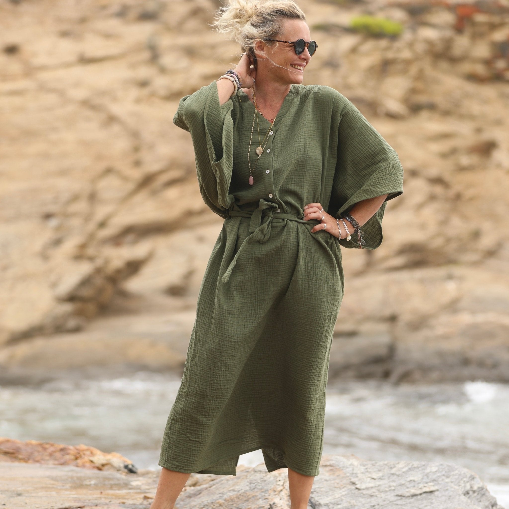 Robe Xiou double gaze de coton vert army – Quintessence
